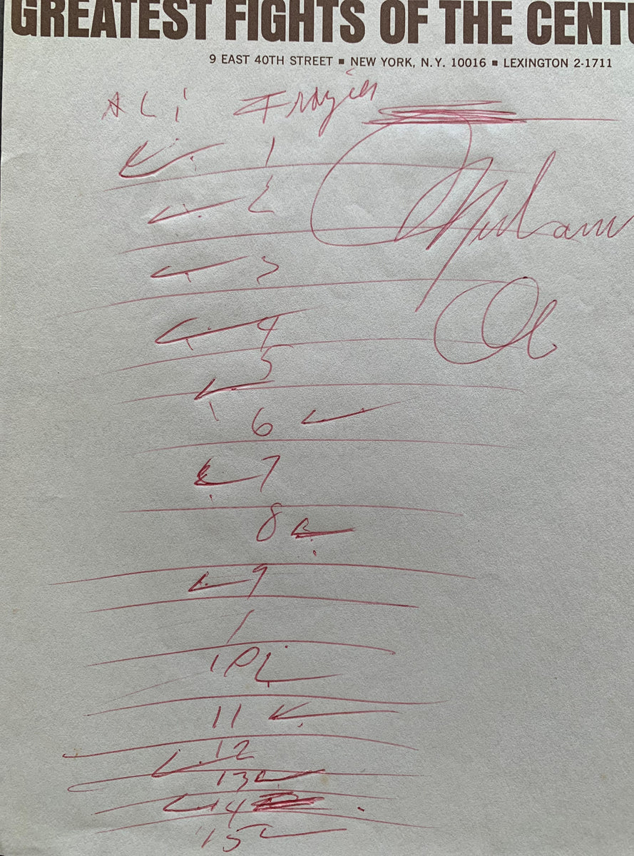 ALI, MUHAMMAD SIGNED ROUND BY ROUND SCORE SHEET FOR ALI-FRAZIER I FIGH ...