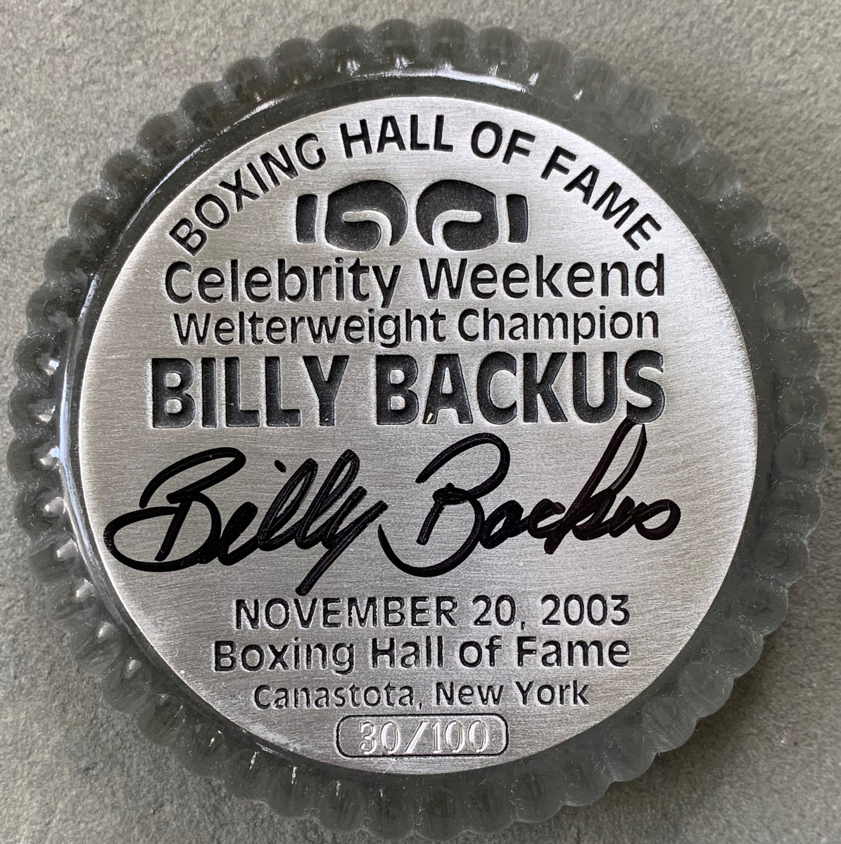 BACKUS, BILLY SIGNED HALL OF FAME PAPERWEIGHT – JO Sports Inc.