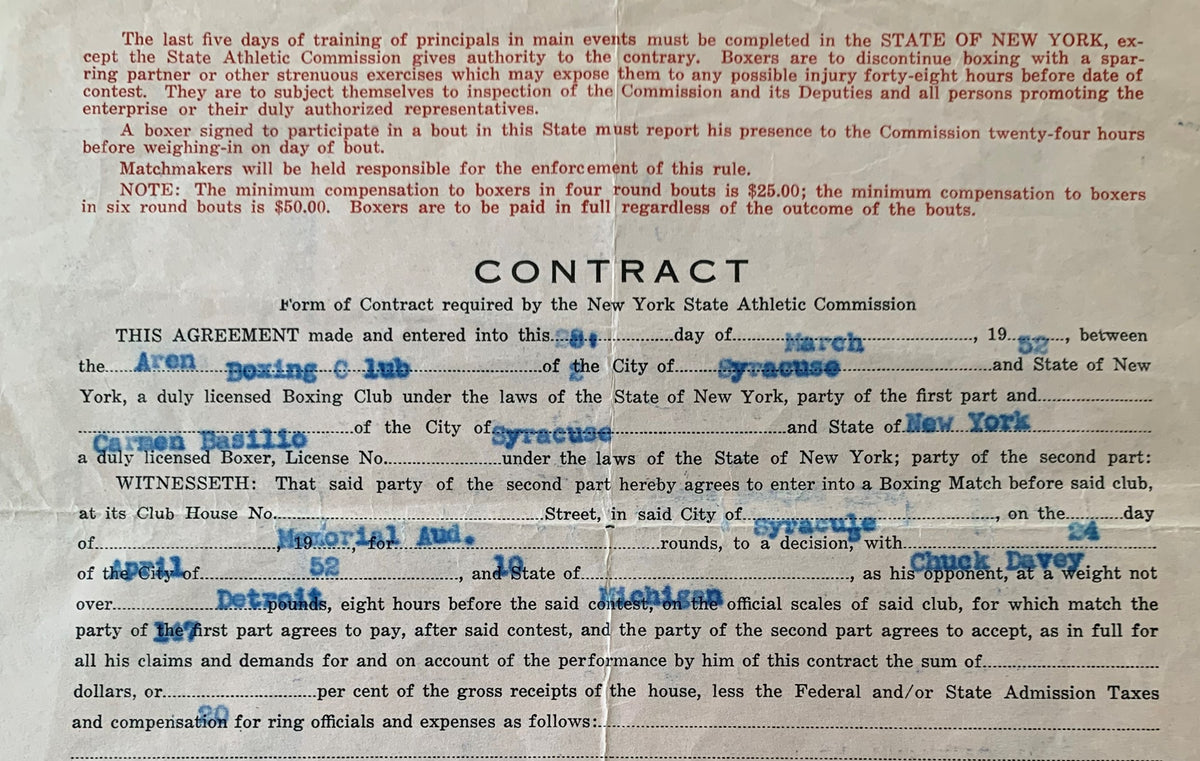 BASILIO, CARMEN SIGNED FIGHT CONTRACT (1952-CHUCK DAVEY I FIGHT) – JO ...