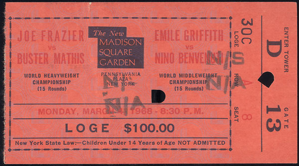 FRAZIER, JOE-BUSTER MATHIS & GRIFFITH-BENVENUTI STUBLESS TICKET (1968 ...