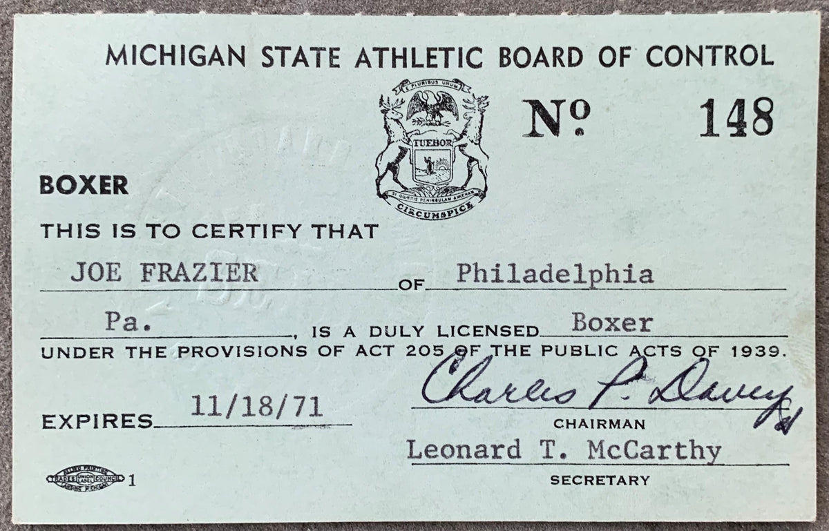 FRAZIER, JOE MICHIGAN BOXING LICENSE (1971-AS WORLD HEAVYWEIGHT CHAMPI ...