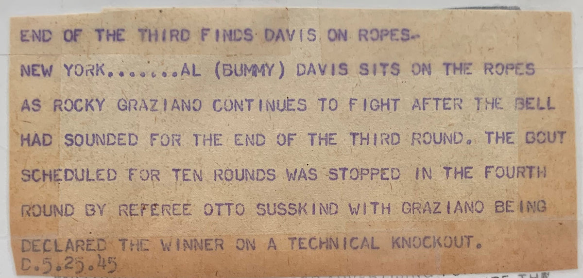 GRAZIANO, ROCKY-AL "BUMMY" DAVIS WIRE PHOTO (1945-3RD ROUND) – JO ...