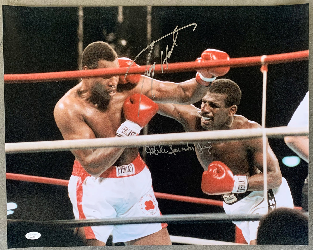 SPINKS, MICHAEL-LARRY HOLMES SIGNED LARGE FORMAT PHOTO (HOLMES II FIGH ...