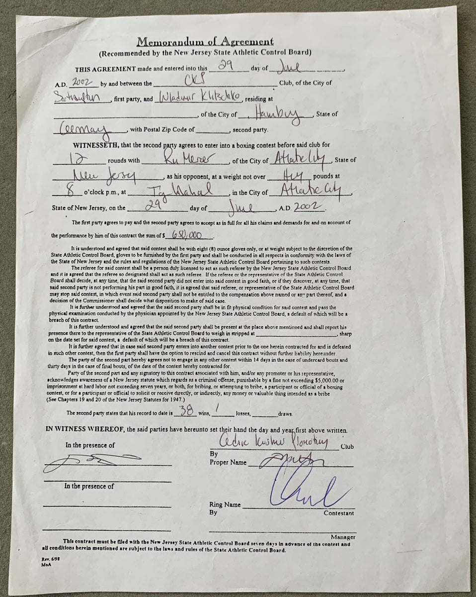 KLITSCHKO, WLADIMIR SIGNED FIGHT CONTRACT (2002-RAY MERCER FIGHT) – JO ...