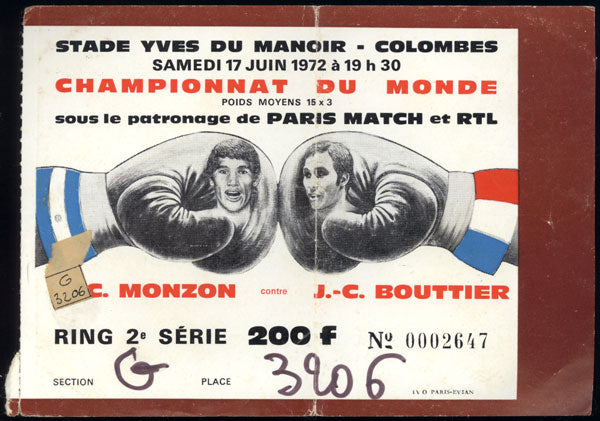MONZON, CARLOS-JEAN CLAUDE BOUTTIER STUBLESS TICKET (1972) – JO Sports Inc.