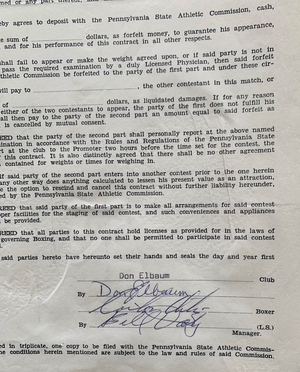 ORTIZ, CARLOS SIGNED FIGHT CONTRACT (1966-SIGNED BY ORTIZ MANAGER & DO ...