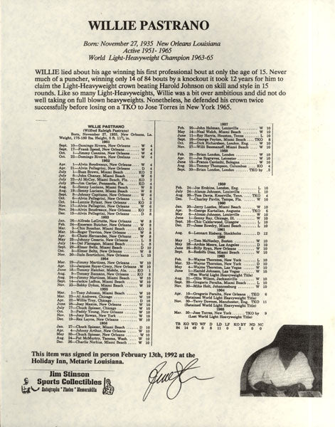 PASTRANO, WILLIE SIGNED PHOTO (JIM STINSON LOA) – JO Sports Inc.