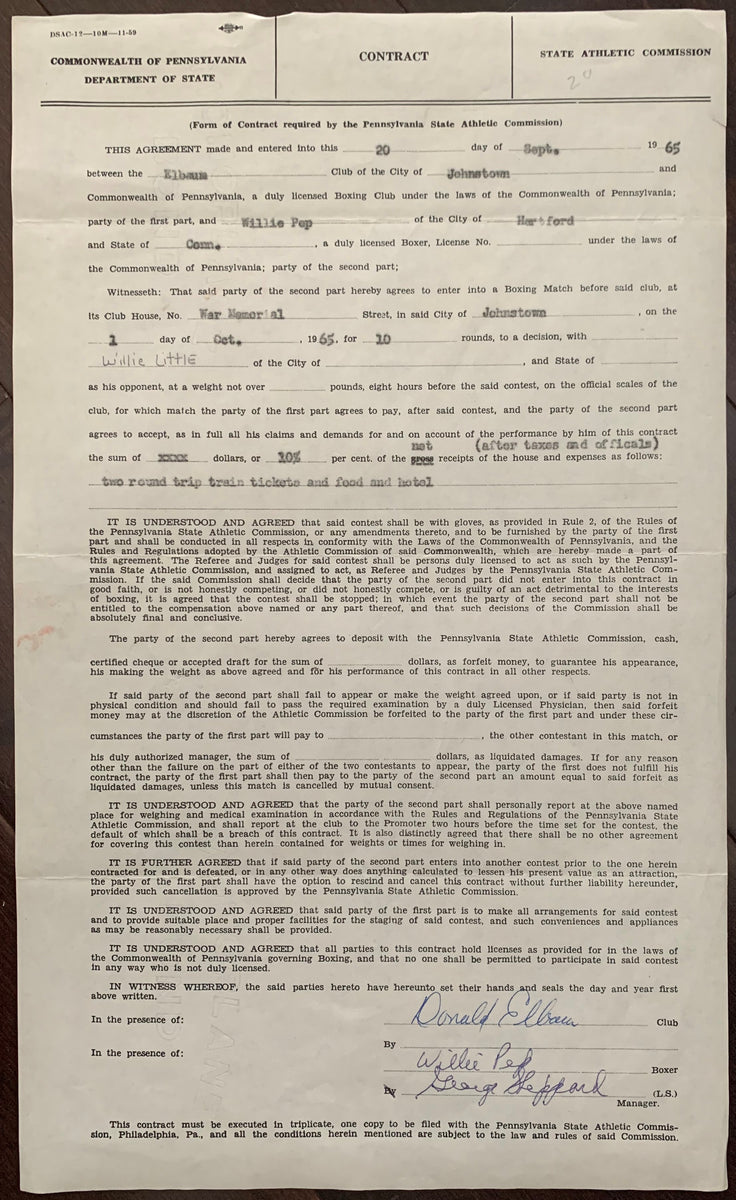 PEP, WILLIE SIGNED FIGHT CONTRACT (1965-WILLIE LITTLE FIGHT) – JO ...