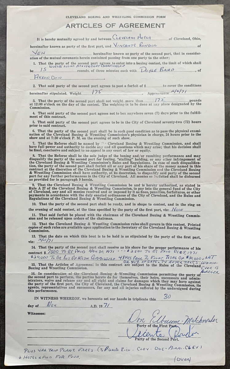 RONDON, VICENTE SIGNED FIGHT CONTRACT (1971-DOYE BAIRD FIGHT) – JO ...