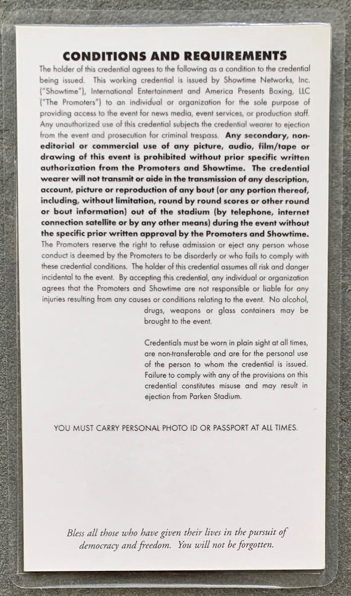 TYSON, MIKE-BRIAN NIELSEN OFFICIAL CREDENTIAL (2001) – JO Sports Inc.