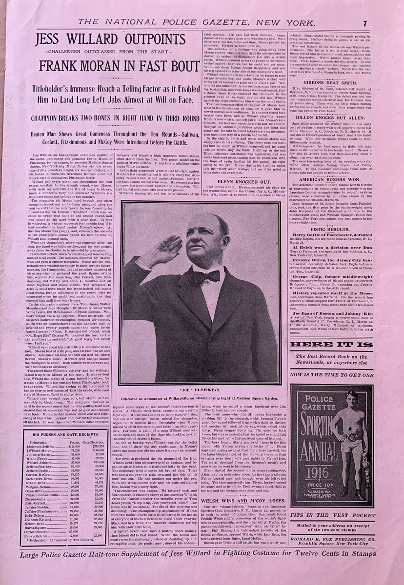 WILLARD, JESS-FRANK MORAN ORIGINAL POLICE GAZETTE (1916) – JO Sports Inc.